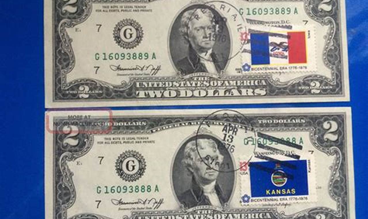 Rare Two Dollar Bill With Vintage Postage Stamp