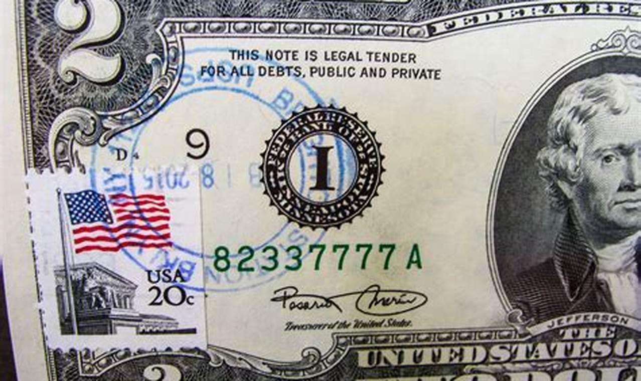 Rare $2 Bill with Vintage Postage Stamp