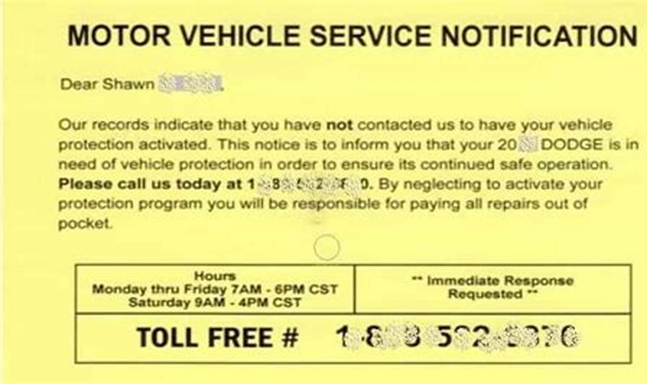 Motor Vehicle Service Notification Postcard